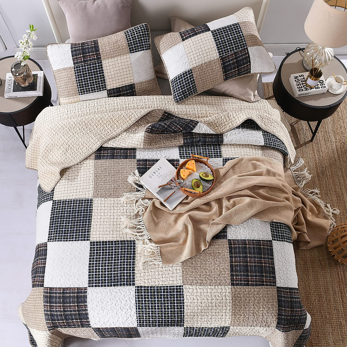 PERHOM 100% Cotton King Size Quilt Set - Lightweight Bedding Set, Real-Patchwork Plaid Pattern Printed Farmhouse Bedspreads, Soft Reversible Coverlet Comforter for All Season, 3 Pieces