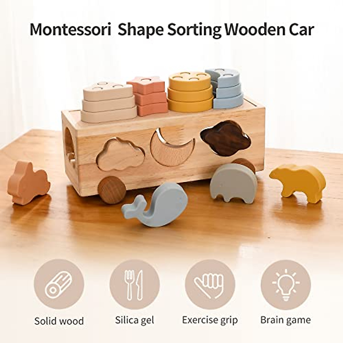 Samonyed Shape Sorter Toys for Toddlers 1-3 Montessori Stack Toy Car for 1 Year OldBaby Blocks Sorting Wooden&Silicone Educational Car Stacking Toys Montessori Toy1 2 3 Year Old Girls Boys Gifts