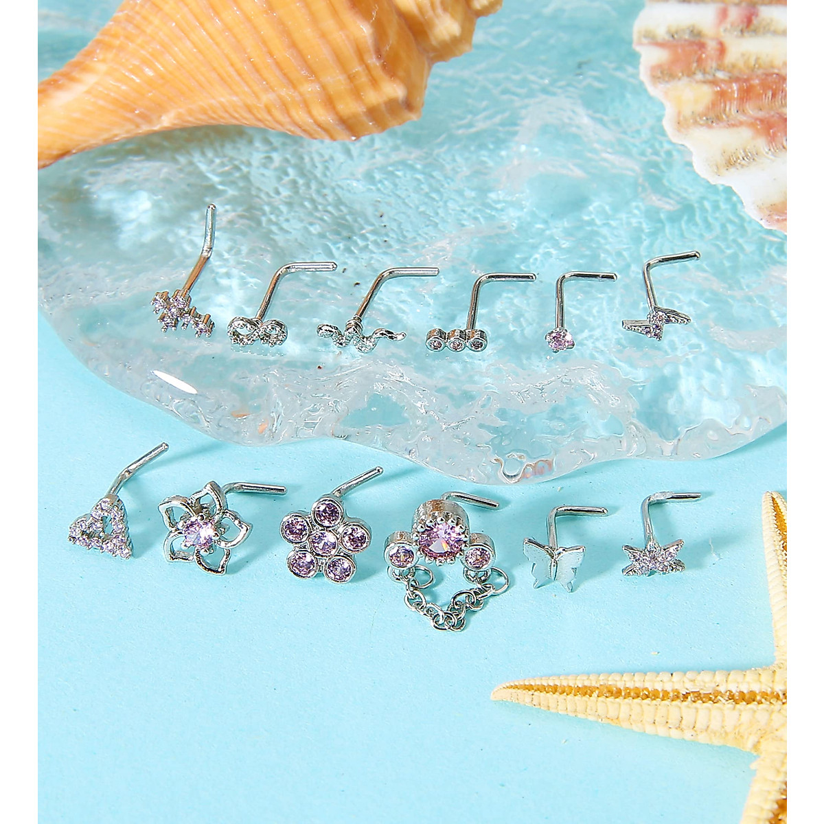 Staligue 12pcs Threadless Push in Nose Rings 20g L Shaped Dangle Push in Nose studs Stainless Steel Pushin Nose Screw Studs For Women L Shaped Screw Studs Flower Heart Nose Push in Piercing Jewelry