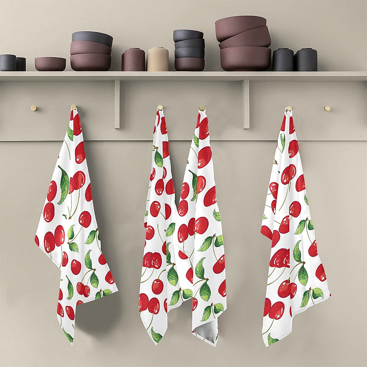 susiyo Red Cherry Fruits Kitchen Dish Towel, Set of 4 Pcs Soft Polyester Dish Cloth for Cooking Washing, 28 X 18 Inch