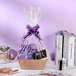 Canlierr 12 Pcs Gift Baskets Empty Includes 12 Pcs 10 x 7 x 3 Inches Kraft Market Tray Cardboard Basket with Handles, 18 Pcs Bags and 20 Pcs Multicolor Bows for Christmas Wedding Birthday Gift