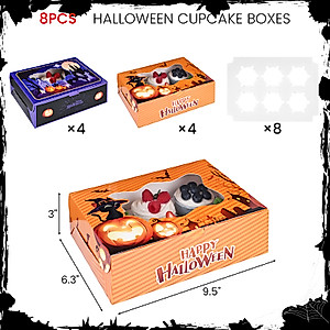 VGOODALL 6 Count Halloween Cupcake Boxes, 8 Sets Halloween Treat Boxes Cupcake Containers with Window for Birthday Holiday Bakery Supplies Halloween Party Decorations 9.5"x6.3"x3"