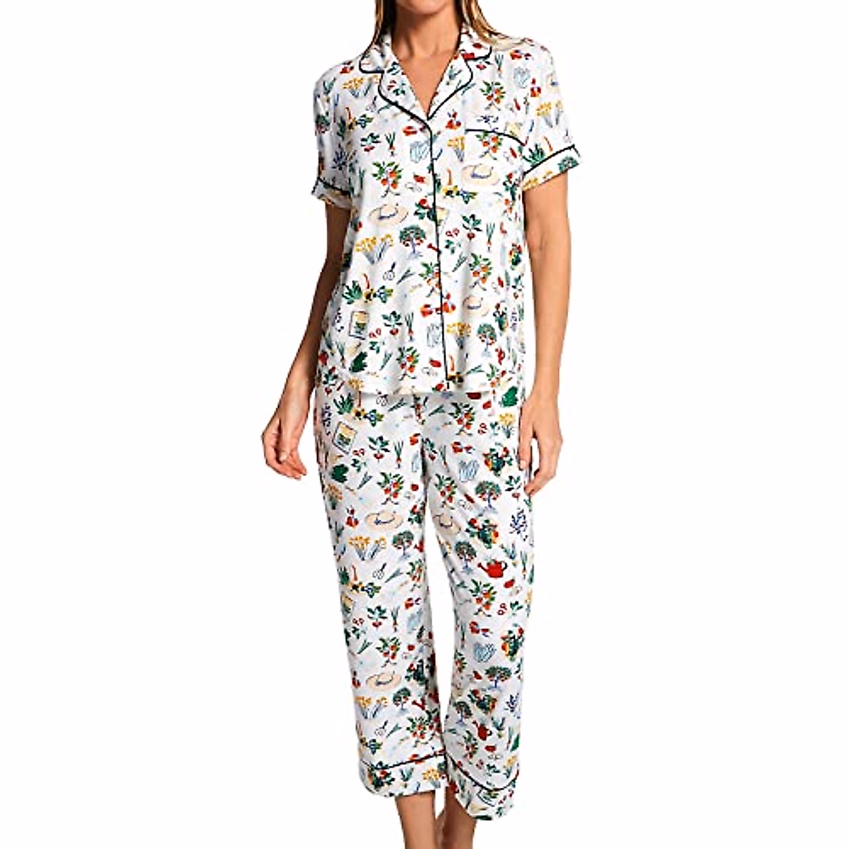 Kate Spade New York Short Sleeve Notch Cropped PJ Set Green Thumb LG