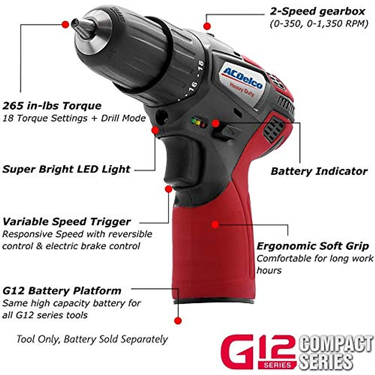 ACDelco ARD12119P 12V Cordless Li-ion 3/8” 265 In-lbs. 2 Speed Compact Drill Driver Tool Kit with 2 Batteries
