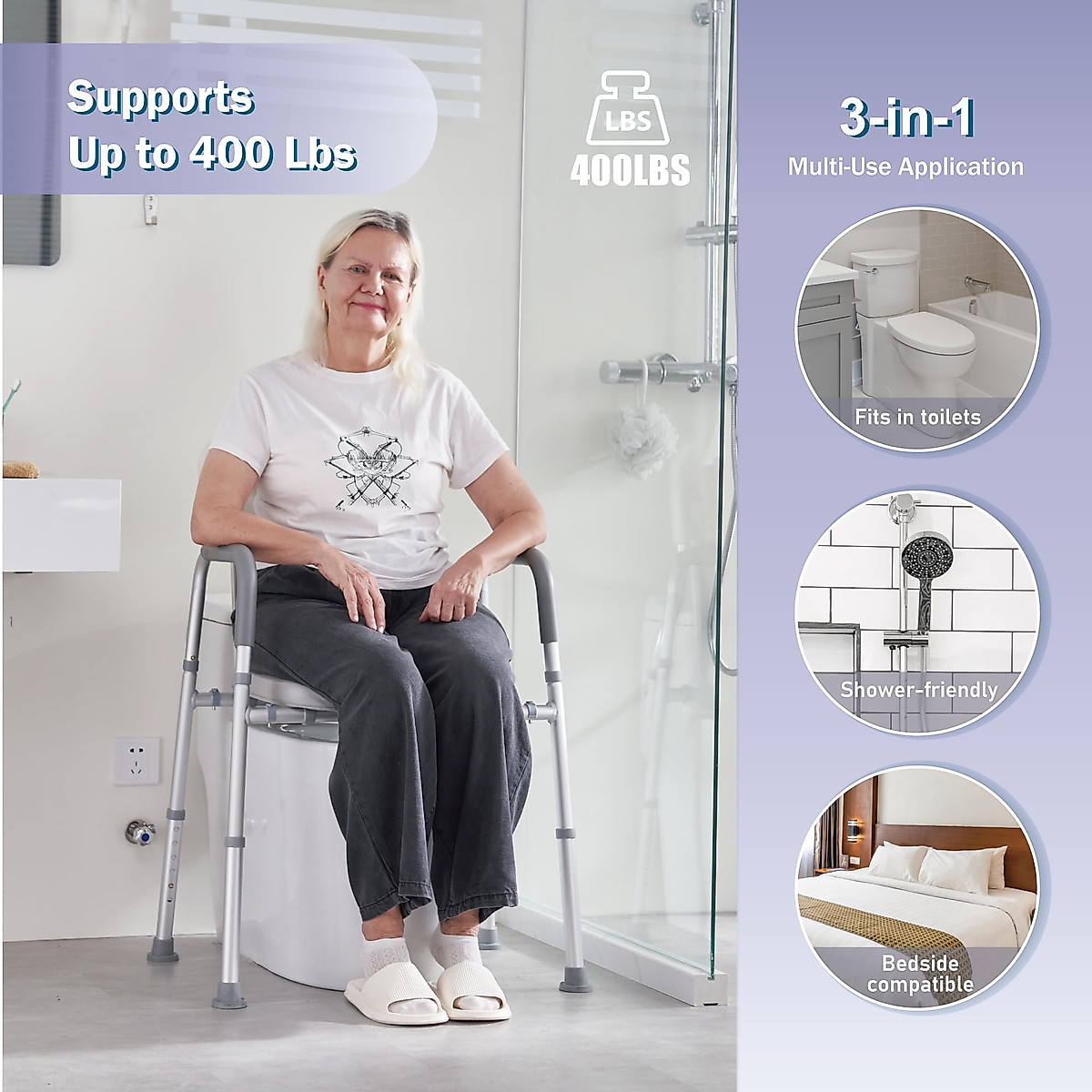 Eillion Raised Toilet Seat with Handles for Elderly Toilet Seat Risers for Seniors, Bedside Toilet Chairs for Seniors with Arms, Adjustable Height Handicap Toilet Seat with Handles over Toilet, 400lbs