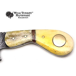Wild Turkey Handmade Damascus Steel Color Bone Handle Fixed Blade Full Tang Skinner Knife w/Leather Sheath Hunting Camping Fishing Outdoor (Bone)