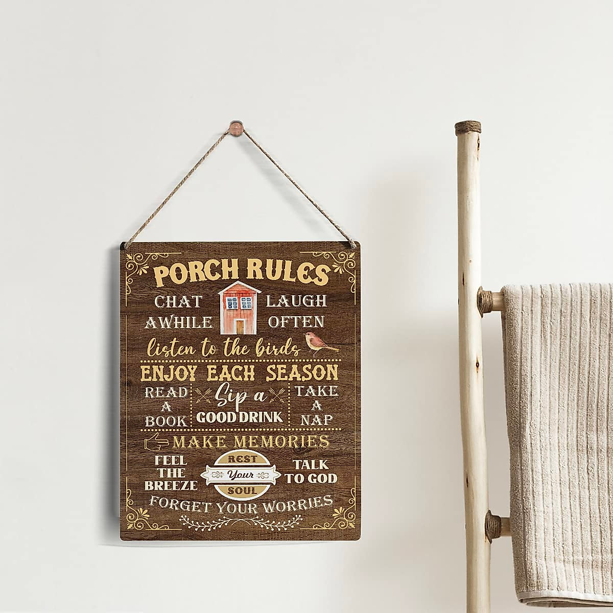 Porch Sign Gifts, Rustic Porch Rules Chat Awhile Laugh Often Wooden Signs Wood Plaque Hanging Sign Home Porch Decor 8 x 10 Inches