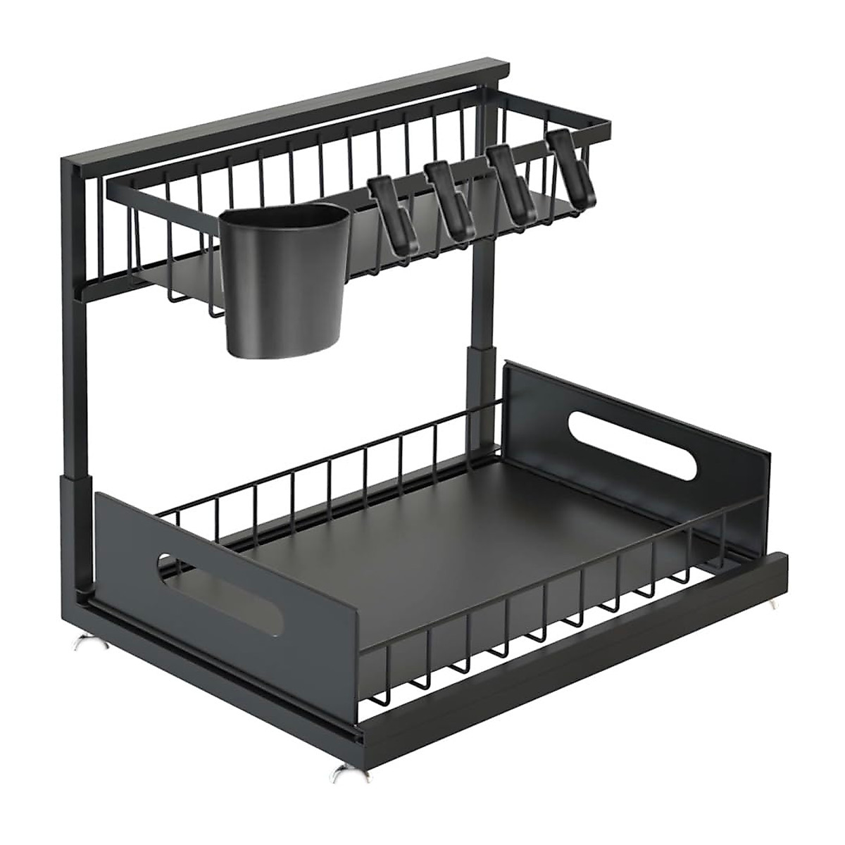 Organizer and Storage, Under Sink, Countertop, Bathroom Vanity Top, Cabinets, Tabletop Storage Organizer +GIFT 4 Hooks and Hanging Cup, 2 Tier, Bathroom or Vanity, Slide Out Shelf, Black Metal No rust