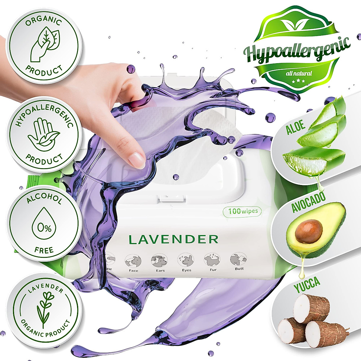Petazy Dog Wipes for Paws and Butt Ears Eyes | Organic Pet Wipes for Dogs | Hypoallergenic Lavender Scented Dog Wipes Cleaning Deodorizing | Extra Thick Plant Based Wipes Dogs Cats Pets | 100 Count