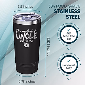 shop4ever Promoted to Uncle Est. 2025 Tumbler Insulated Tumbler 20 oz. with Lid, Stainless Steel Cups Travel Coffee Mug New Uncle Baby Announcement Gift (Black)