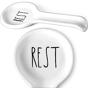 [Set of 2] Farmhouse Spoon Rests for Kitchen Counter by Brighter Barns - Black White Ceramic Spoon Rest for Stove Top - Stove Spoon Holder for Countertop - Coffee Spoon Rest - Farmhouse Kitchen Decor