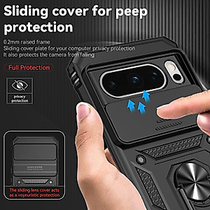 for Google Pixel 8 Pro Case with Slide Camera Cover HD Screen Protector [Military Grade 16ft. Drop Tested] Magnetic Ring Holder Kickstand Protective Phone Case for Google Pixel 8 Pro 2023, Black