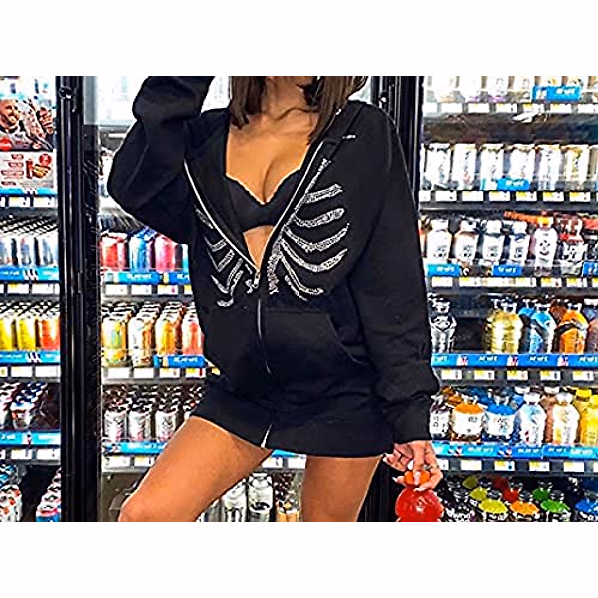 threeriver Womens Y2k Skeleton Print Hoodie Top Rhinestone Skull Print Long Sleeve Zip Up Hoodies(S,A-black)