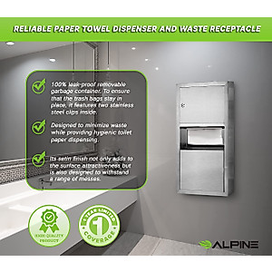Alpine Commercial Paper Towel Dispenser and Waste Receptacle - Stainless Steel Toilet Paper Dispenser with Rounded Tray for 350 C-Fold or 475 Multifold Paper Towels (2-Gallon Capacity Trash Bin)