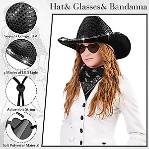 6 Pack Light Hat Space Cowgirl Hat LED Flashing Hat with 6 Heart Glasses 6 Paisley Bandanna Western Cowboy Costume(Black)