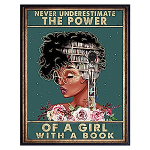 African American Classroom Decor - LARGE 11x14 - Never Underestimate a Girl With a Book Wall Art - African American Girl, Women - Inspirational Motivational Poster - Positive Quotes - Black Art