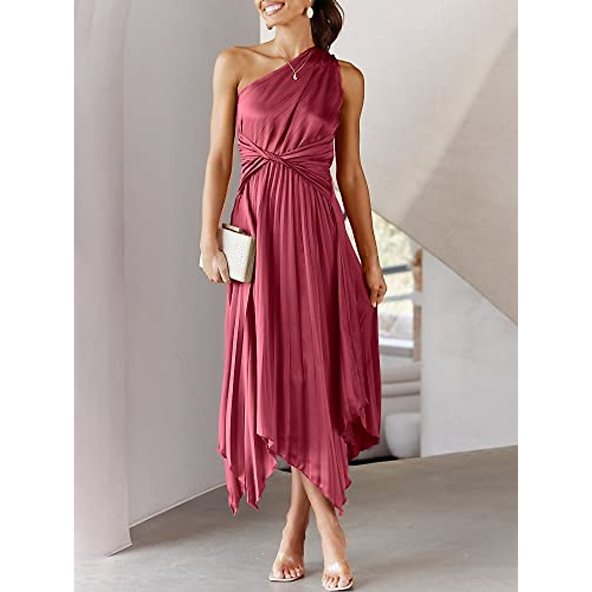 ANRABESS Women's Summer One Shoulder Elegant Cocktail Party Midi Dress Sleeveless Pleated Asymmetric Satin Evening Night Dress Wedding Guest Graduation Prom Dresses 751zaohong-S Maroon