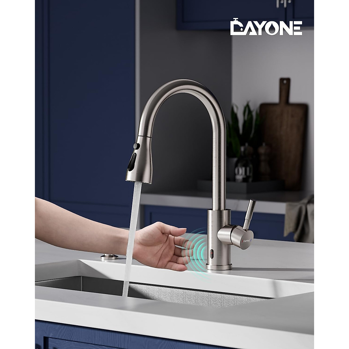 DAYONE Touchless Kitchen Sink Faucet with Soap Dispenser and Pull Down Sprayer, Stainless Steel High Arc Motion Sensor Touch Faucet for Kitchen Sink Smart Hands-Free Single Handle, Brushed Nickel