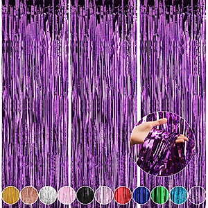 Crosize 3 Pack 3.3 x 9.9 ft Purple Foil Fringe Backdrop Curtain, Streamer Backdrop Curtains, Streamers Birthday Party Decorations, Tinsel Curtain for Parties, Galentines Decor