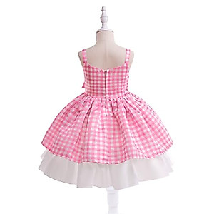 Princess Pink Dress for Girls Pink Costume Plaid Sleeveless Sundress with Accessories Child Movie Heroine Cosplay Costume Pink Dress Uniform Halloween Stage Performance Party Costume, Pink,150cm