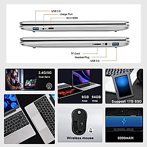 Ruzava/Aocwei Laptop Windows 10 14" 6GB DDR4 64GB Storage Intel N4020 (Up to 2.8Ghz)2-Core 1920x1080 FHD Dual WIFI BT 4.2 Mini HDMI Support 512GB TF 1TB SSD Expand for Work Study Entertainment-Silver