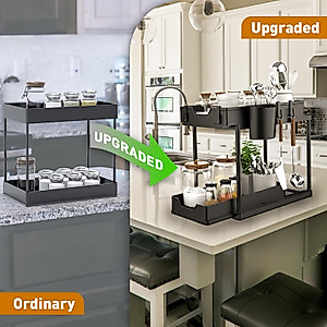 Ulruo 2 Pack Double Pull Out Under Sink Organizers, 2 Tier Multi Purpose Under Cabinet Organizer with Hooks & Hanging Cups, Under Sink Shelf Organizer for Kitchen Bathroom, Black