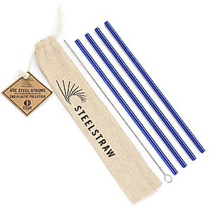 Metal Straws - 4 Reusable Stainless Steel Straws w/Cleaning Brush in Cloth Bag - Straight Straw fits 20 oz Tumblers