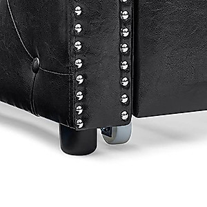 JULYFOX Upholstered Dabyed Full Size with Trundle, Button Tufted Full Size Platform Bed with Twin Trundle No Box Spring Needed Nail Head Trims Space Saving Bed(Black,Full)