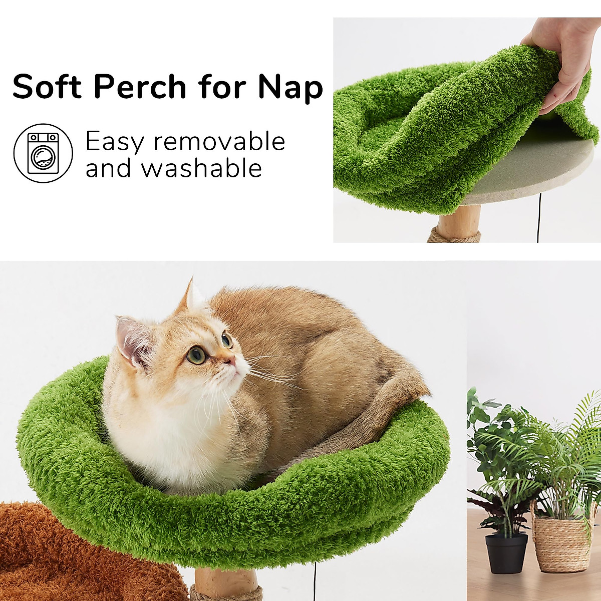 Cat Scratching Post, 20" Plant Style Kitten Scratcher, FUKUMARU Solid Wood Cat Post with Bed, Small Cat Tower Tree with Natural Jute Rope for Indoor Kitten & Cats