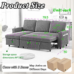 lunhung 78 inch L-Shaped Sofa,Convertible Combo Sofa Bed with Pull-Out Bed, Corduroy Reversible Sleeper Sectional Sofa with Side Pockets and Cup Holders,Furniture Set for Living Room (Corduroy-Black)