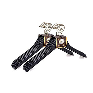 Quality Black Semi Curved Wooden Suit Hangers, 10-Pack Smooth Finish Solid Wood Coat Hanger with Swivel Hook, Jacket, Pant, Dress Clothes Hangers (Black - Gold Hook, 10)