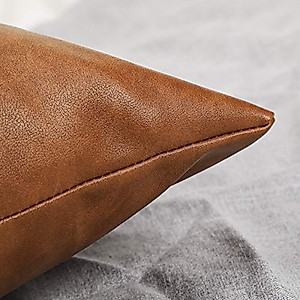 SEEKSEE Brown Faux Leather Accent Throw Pillow Cover 18x18 inch, 2-Pack Modern Country Farmhouse Style Pillowcase for Bedroom Living Room Sofa