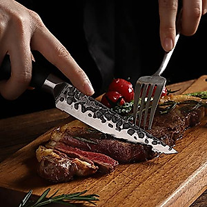 KONOLL Steak Knives Set of 6 Steaks Knife Serrated Blade Forged Handmade German High Carbon Steel with Full Tang Wood Handle