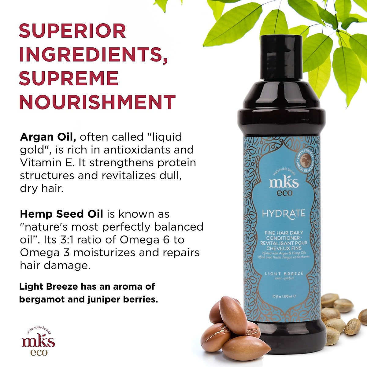 MKS eco Hydrate Conditioner for Fine Hair, Light Breeze - 10 fl oz - Locks in Moisture & Improves Shine - Moroccan Argan Oil, Hemp Seed Oil - Vegan, Cruelty Free