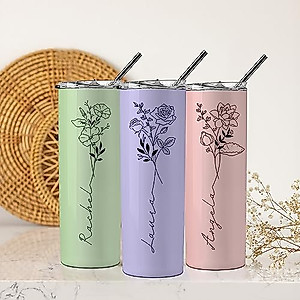 Birthday Gifts For Women, Personalized Skinny Tumblers with Birth Flower I 10 Colors - 20 Oz I Gifts for Women, BPA Free Tumbler Customized with Name