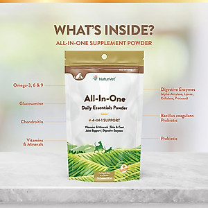 NaturVet All-in-One Dog Supplement - for Joint Support, Digestion, Skin, Coat Care – Dog Multivitamins with Minerals, Omega-3, 6, 9 – Wheat-Free Vitamins for Dogs – 13-Ounce Powder