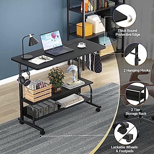 Height Adjustable Standing Desk with Power Outlets, 32" Manual Stand Up Desk with Storage Shelves Small Mobile Rolling Computer Desk Portable Laptop Table with Wheels for Home Office, Black
