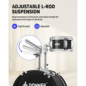 Kid Drum Sets-Donner 5-Piece for Beginners, 14 inch Full Size Complete Junior Drum Kit with Adjustable Throne, Cymbal, Hi-Hat, Pedal & Drumstick, Metallic Black