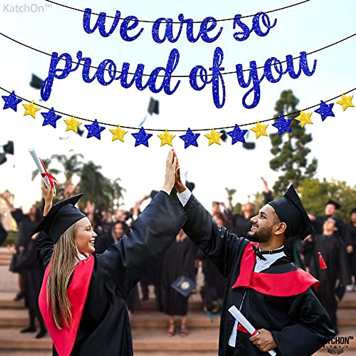 Glitter, We Are So Proud of You Banner - 10 Feet, No DIY | We Are So Proud of You Graduation Banner with Star Garland | Blue and Gold Graduation Decorations 2023 | Graduation Party Decorations 2023