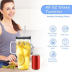 ONEHAUS Glass Tumbler with Lid and Straws, 40oz Glass Cup with Handle, Glass Water Cup,Beer Cup, Ice Coffee Cup, Fits In Cup Holder