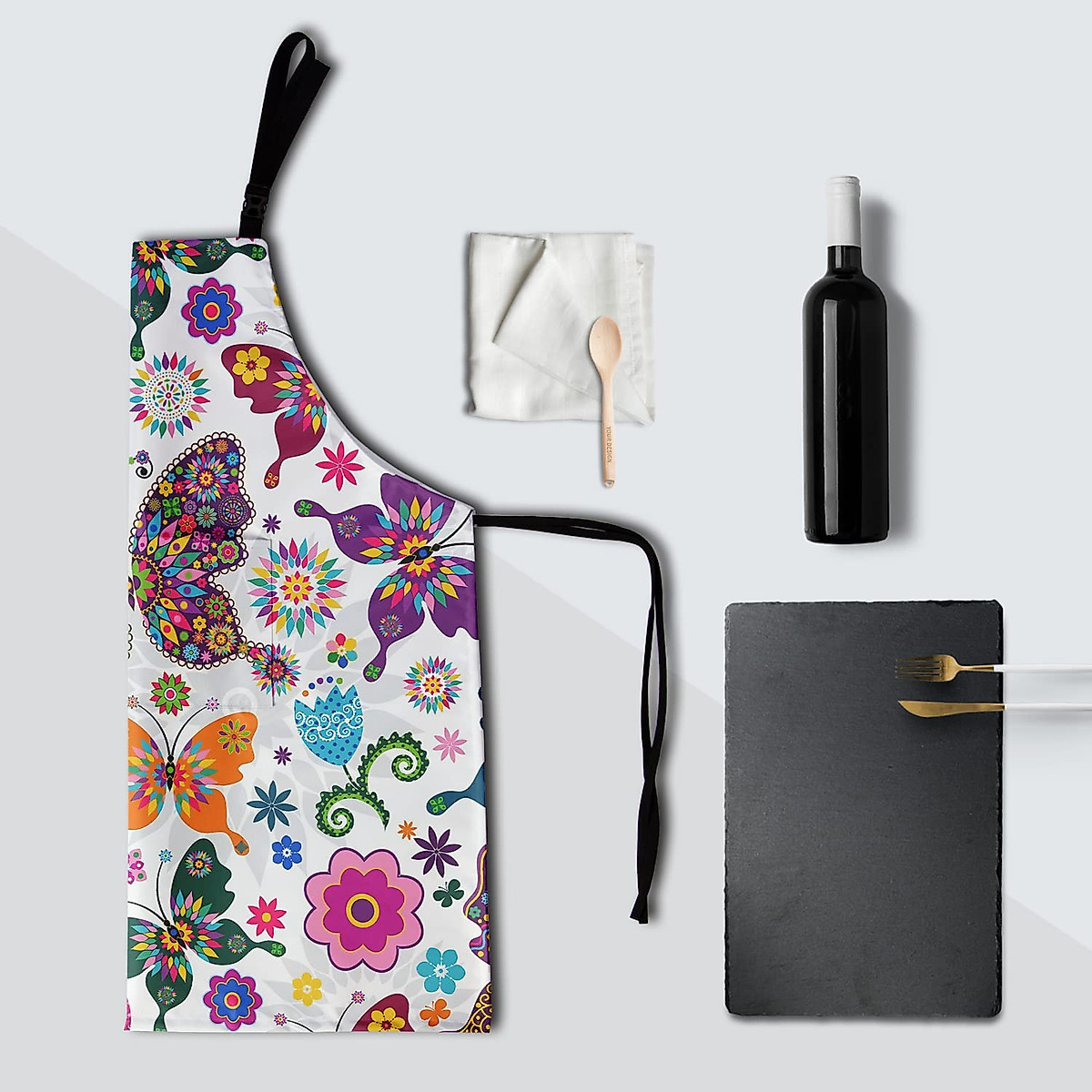 Kawani Colorful Butterflies and Flowers Apron Cute Art Adjustable Apron With 2 Pockets Abstract Aprons For Women Men Suitable For Kitchen Cooking Painting Grilling 28x33 Inch