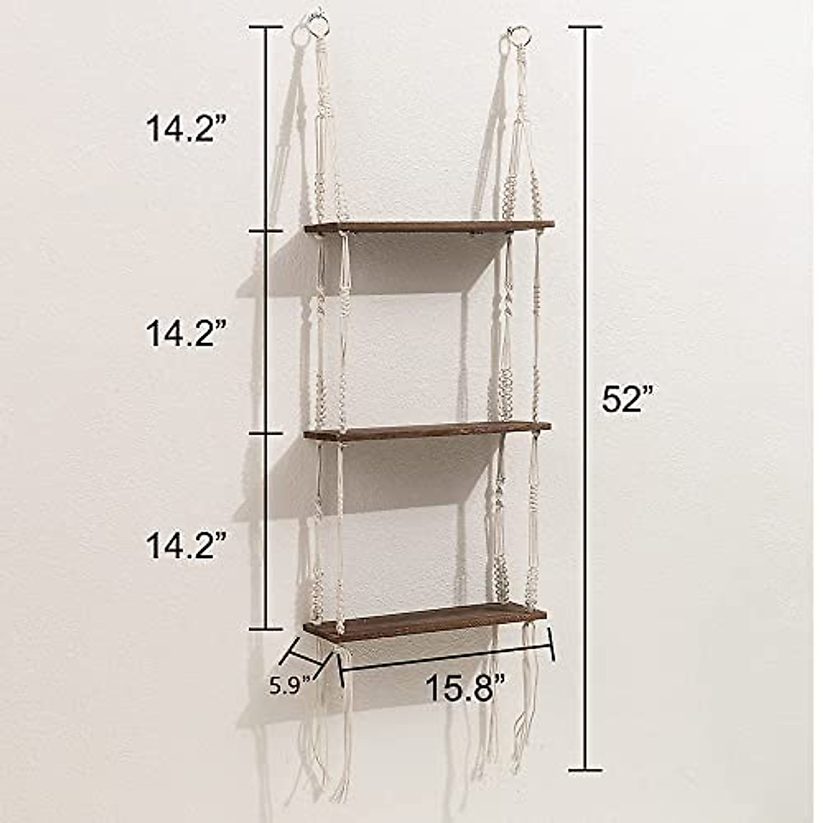 MI X TEE 3 Tier Wall Hanging Shelves with Artificial Ivy Leaves, Wooden Hanging Storage Floating Shelves for Small Plants, Macrame Shelves, Boho Room Decor Handmade Cotton Rope,Living Room Bedroom