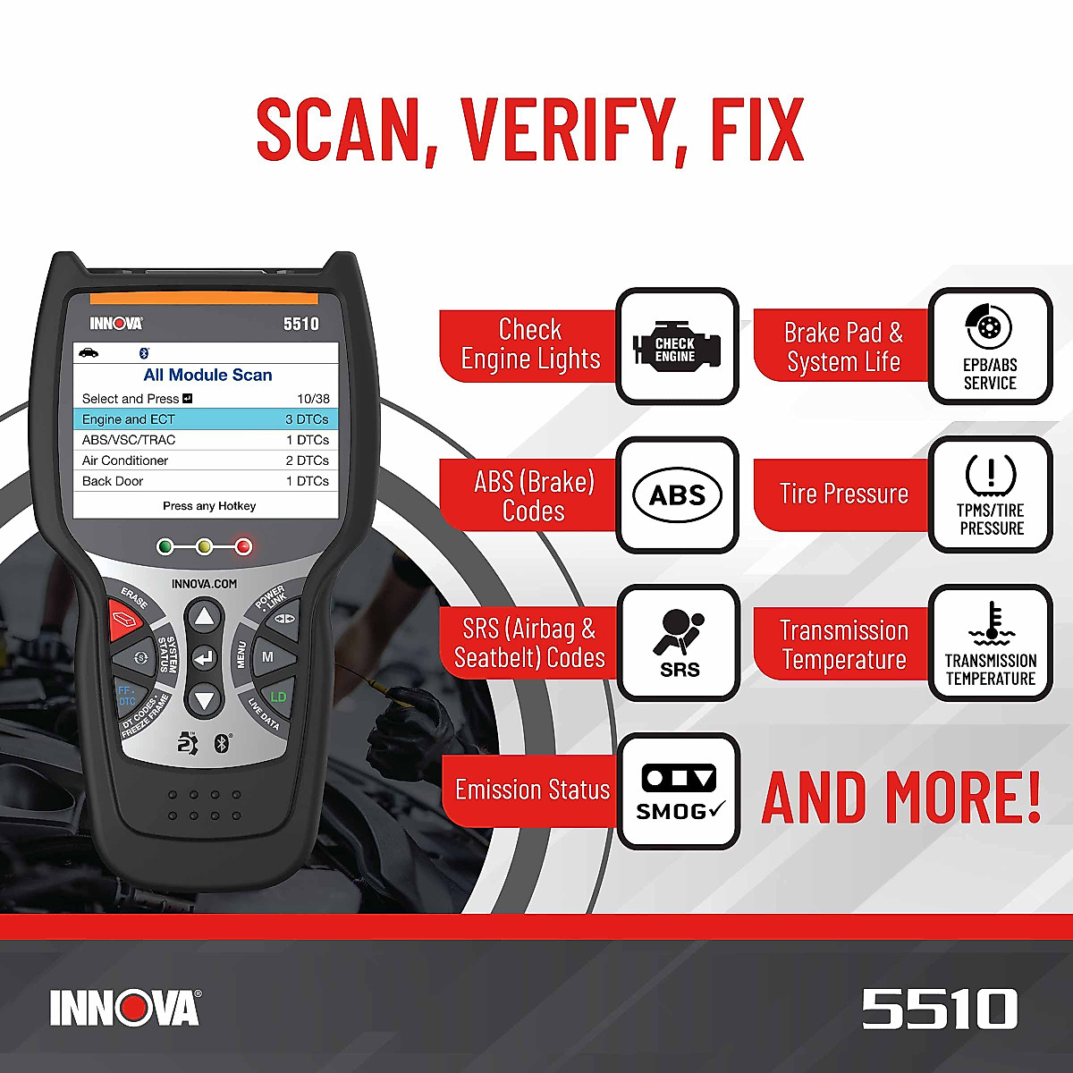 INNOVA 5510 OBD2 Scanner, Scantool for ABS Clear, All System Scanner, Caliper Service, Brake Pad Life, Read/Erase ABS/SRS Codes, Reset Oil Light, Live Data, Lifetime Free Updates