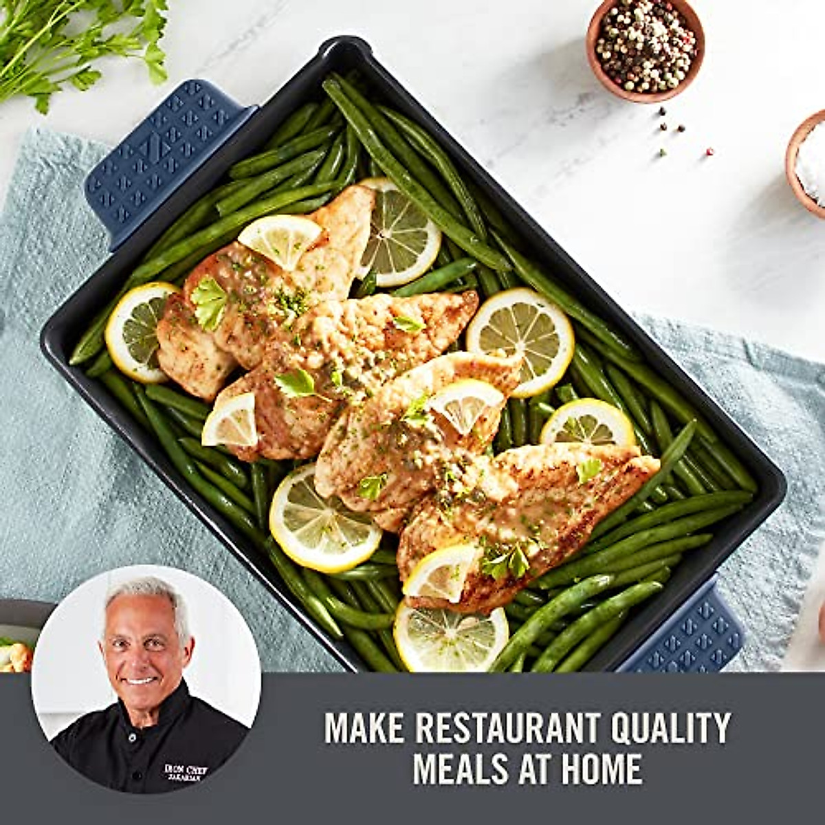 DASH Zakarian by Dash 9"x13" Nonstick Cast Iron Pan with Pour Spout and Removable Silicone Grips for Searing, Baking, Broiling, Grilling and more - Blue