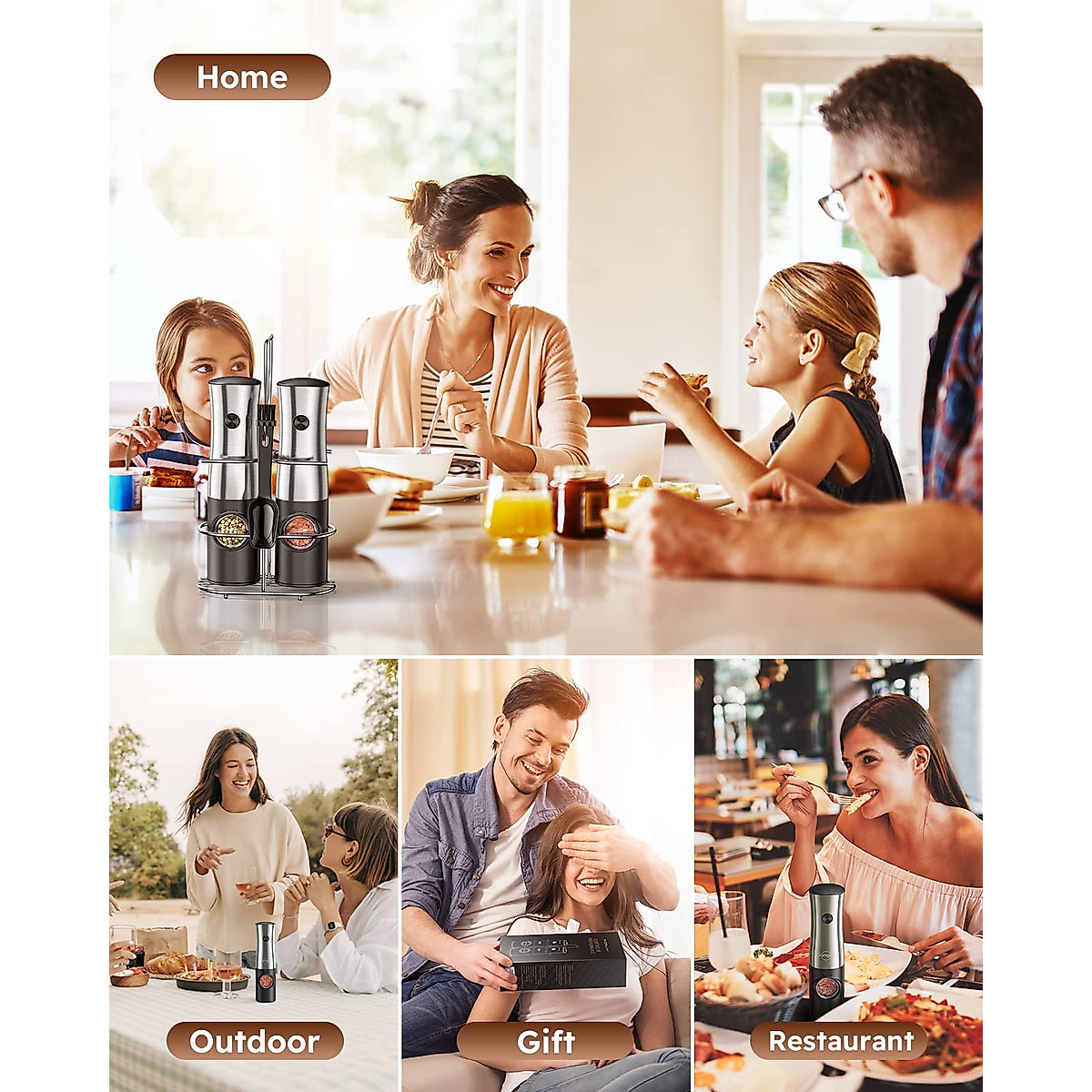 Sangcon Electric Salt and Pepper Grinder Set, Automatic Pepper Mills with LED Light, Battery Powered Salt and Pepper Shakers with Stand, Adjustable Coarseness, One-Handed Operation, Stainless Steel