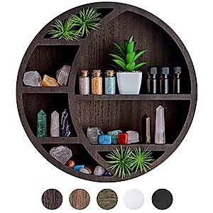 Crescent Moon Shelf Wall Decor - Rustic Wooden Moon Shelf for Crystals, Stones & Essential Oils - Wall-Mounted & Easy to Hang - Boho Shelf for Nursery or Bedrooms - 14 x 14 x 3.5 in. (Dark Brown)