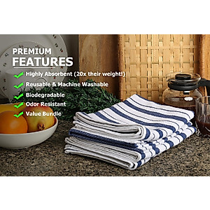 RAJRANG Dish Drying Kitchen Towels with Hanging Loops - 18 x 28 Inches Washable Ultra Absorbent and Quick-Dry Cloths for Everyday Cleaning - Set of 4 - Navy and White