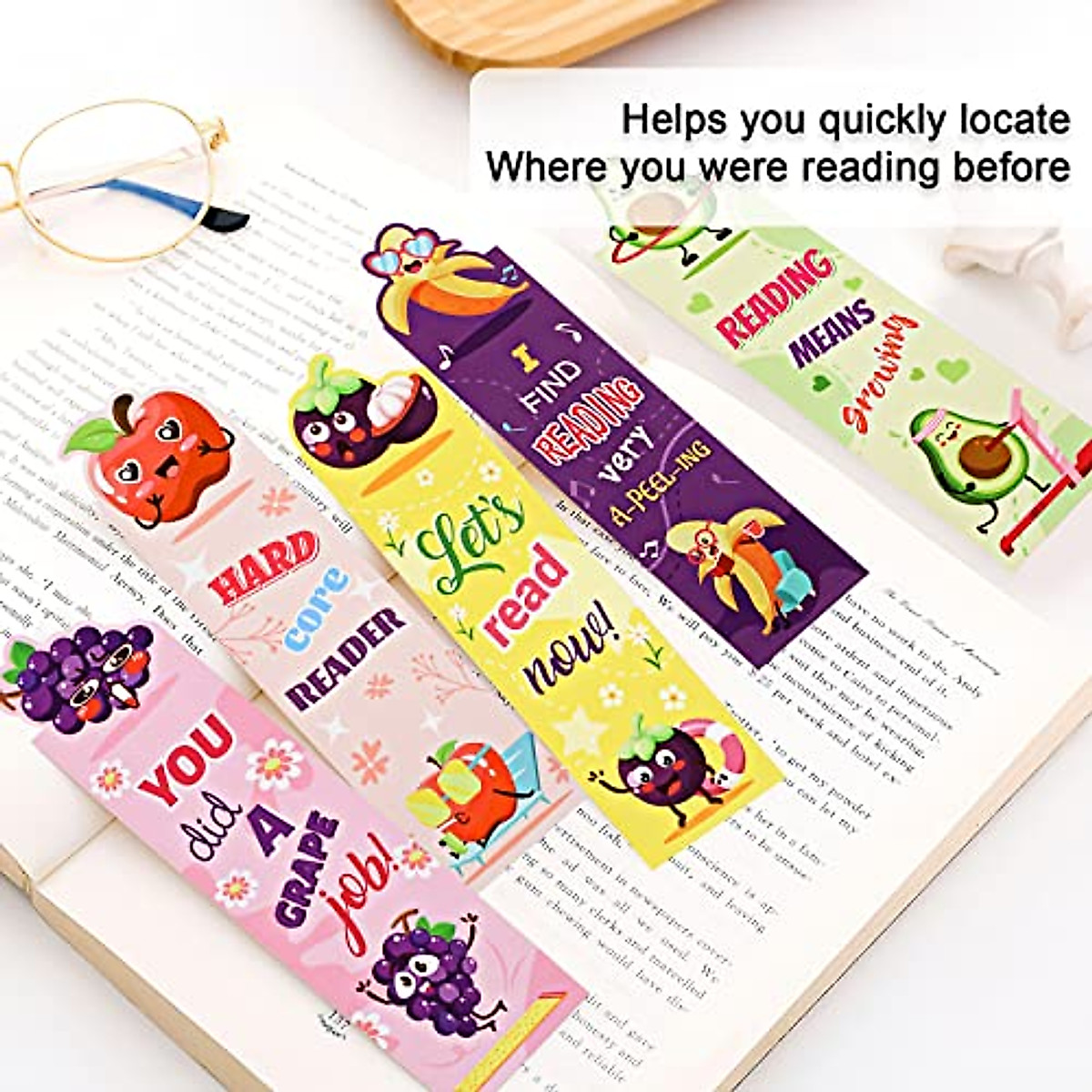 MWOOT 30 Pieces Fruit Paper Bookmarks,Inspirational Book Makers for Students Reading Lovers,Cute Book Page Marks for Kids Teens, Creative Page Clips for Game Prizes School Gifts(15 Styles,15x4cm)