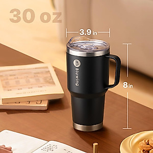 Bluwing Travel Mugs with Handle 30 oz Stainless Steel Double Wall Insulated Coffee Tumblers with Lid and Straw (Black)