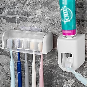 5 Slots Wall Mount Toothbrush Holder with Cover, Self Adhesive Toothbrush Storage Organizer for Shower, Toothbrush Hanger with Automatic Toothpaste Squeezer Dispenser